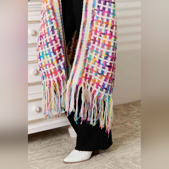Sweaters | Retro Knit Bright Colorful Fringe Hem Longline Duster ...